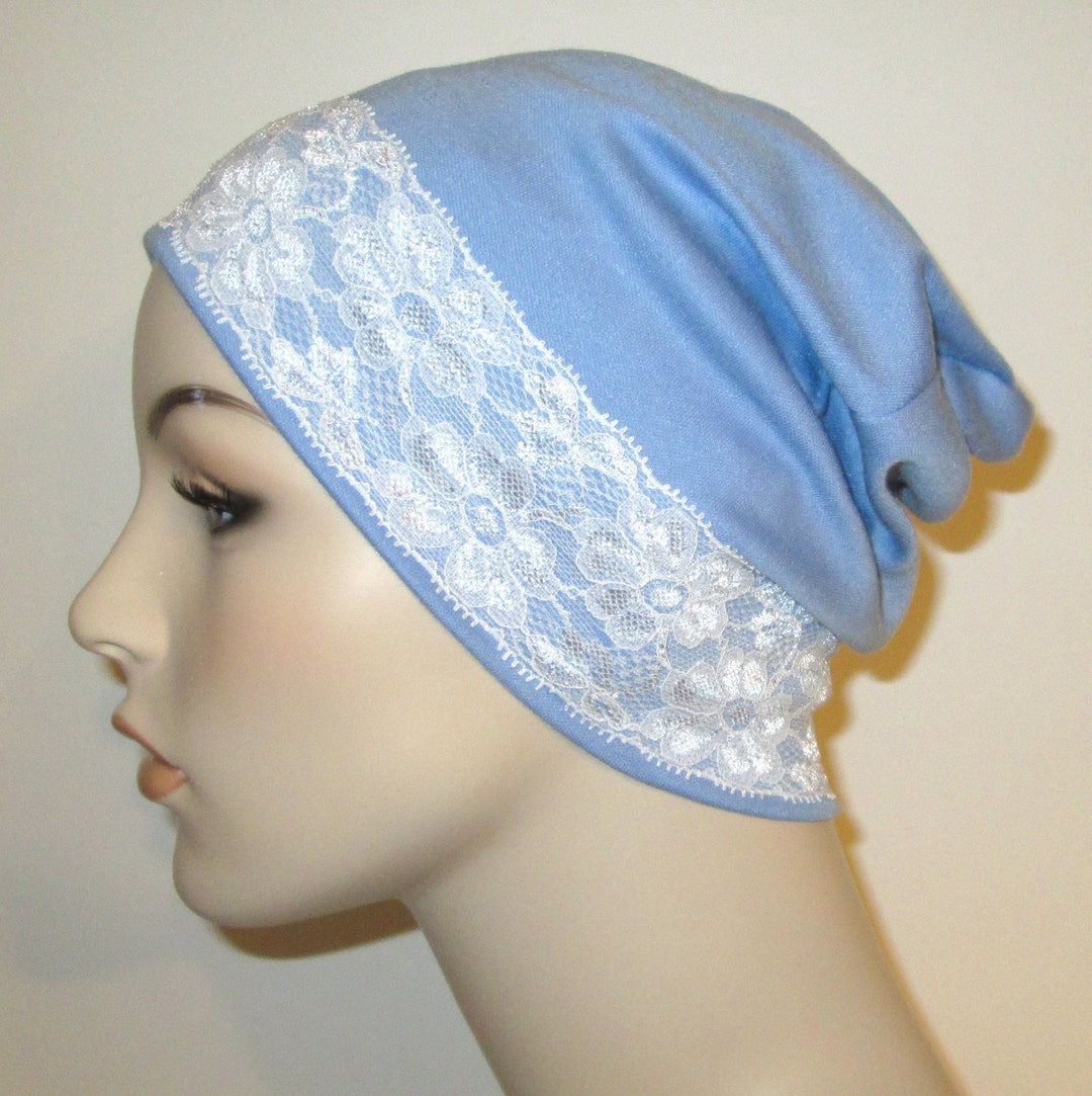 Blue Sleep Cap With White Lace Trim, Cancer Hat, Hair Loss, Lounge Cap ...