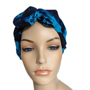 Teal Blue Floral Turban With Bow Cotton Poly Stretch Chemo Hat, Cancer ...