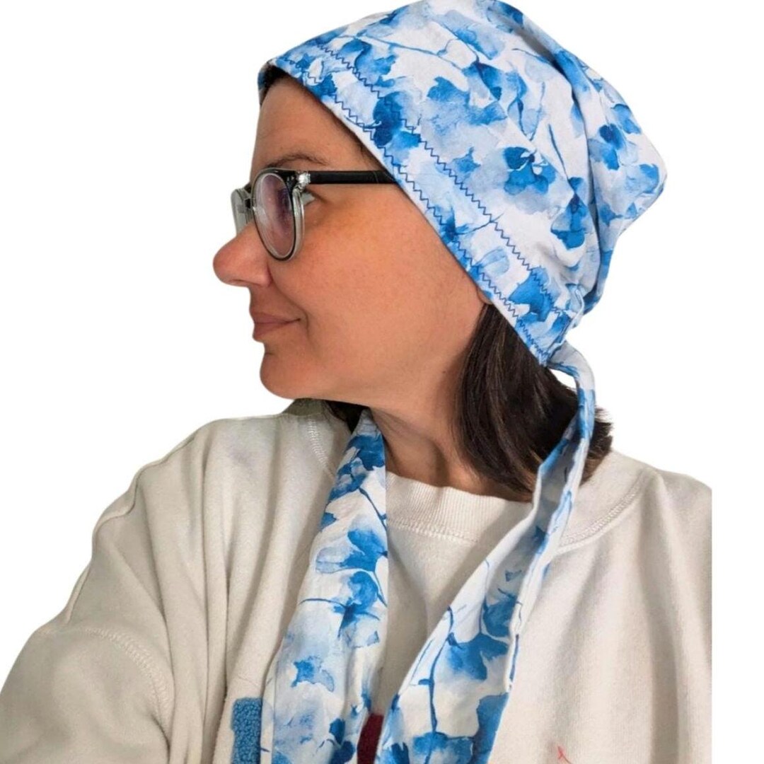 Blue Floral Watercolor Print Chemo Hat Scrub Cap Cancer Hat Hijab ...