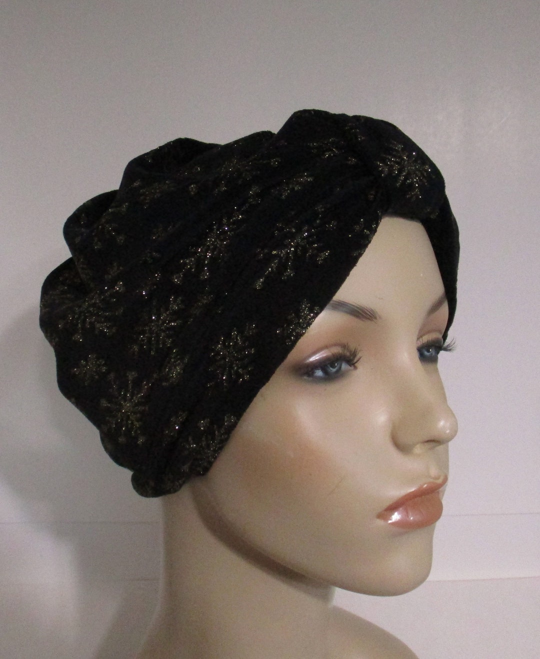 Turban Black Velour W Gold Glitter Snowflakes Stretch Chemo Hat, Cancer ...