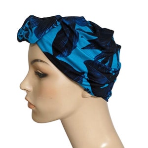 Teal Blue Floral Turban With Bow Cotton Poly Stretch Chemo Hat, Cancer ...