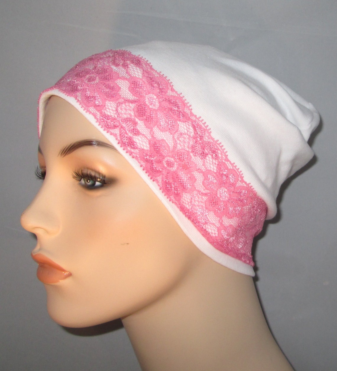 White Sleep Cap With Pink Lace Trim Cancer Hat Hair Loss - Etsy