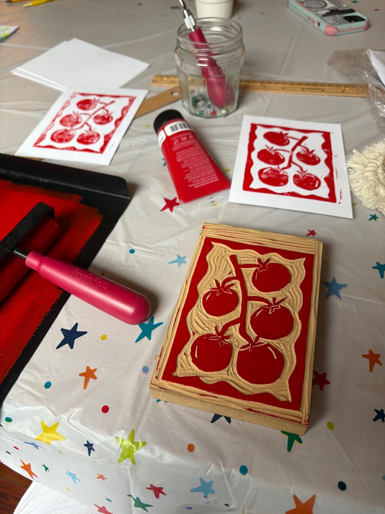 3-pack Handmade Tomato Block Print Greeting Card – Rustic Vegetable Art ...