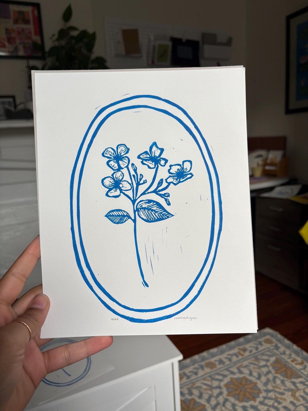 Handmade Floral Linolium Block Print Art in Blue - Etsy