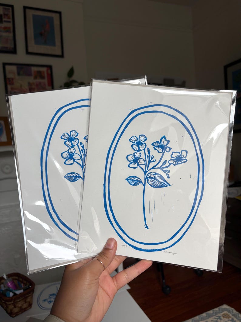 Handmade Floral Linolium Block Print Art in Blue - Etsy