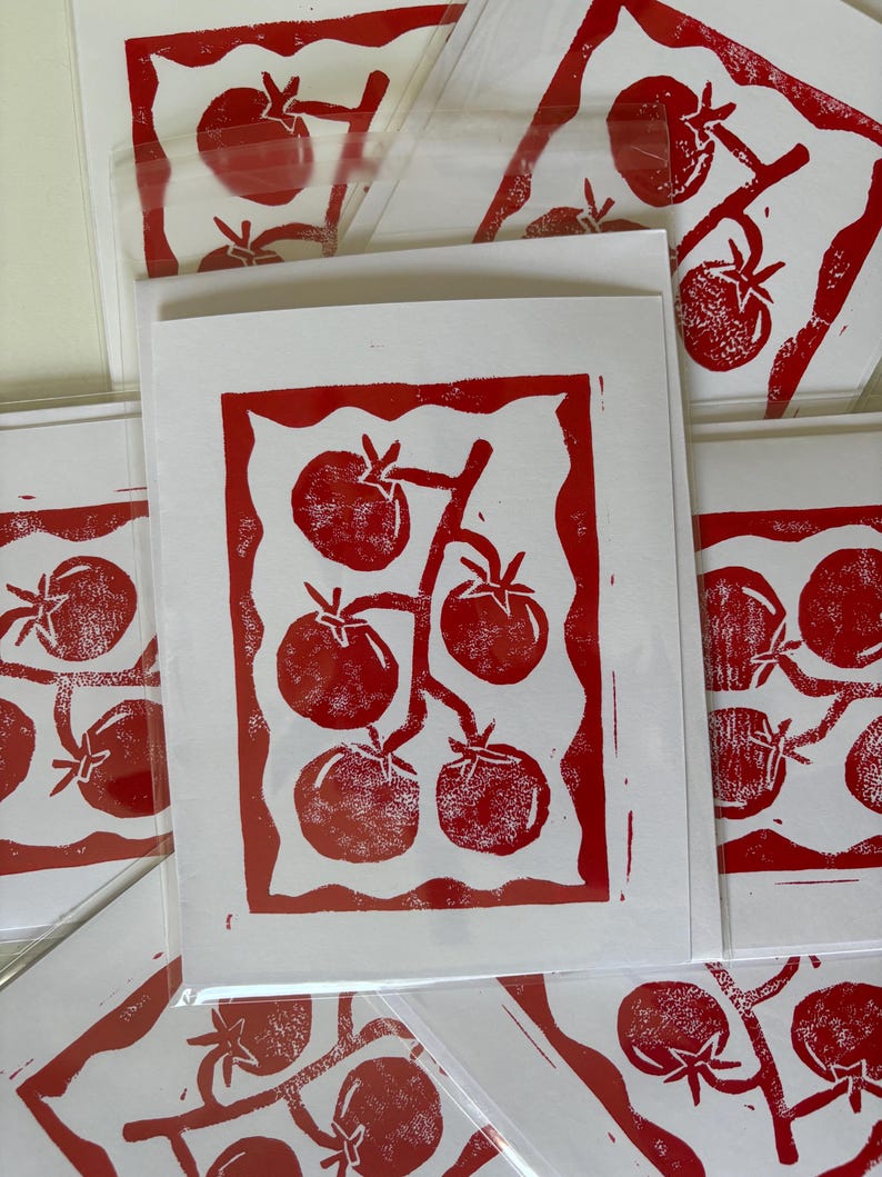 3-pack Handmade Tomato Block Print Greeting Card – Rustic Vegetable Art ...