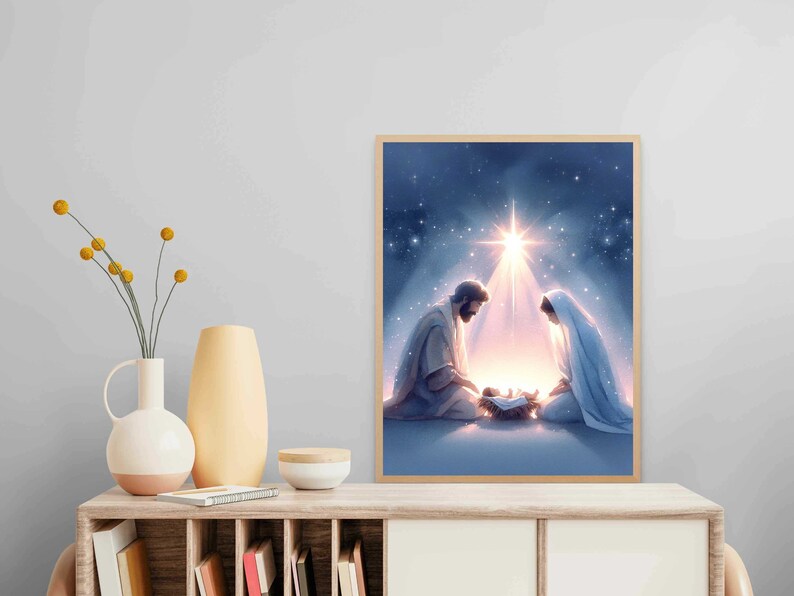 Nativity Painting, Birth of Jesus, Star of Bethlehem, Joseph Mary and ...