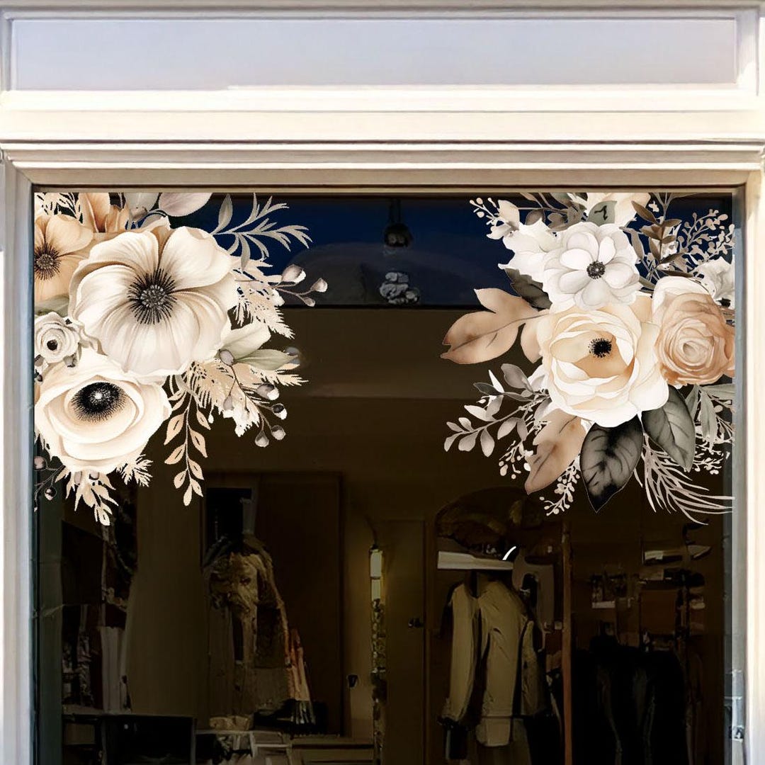 2x Neutral Boho Floral Shop Window Decal Corners - Botanical Flower ...
