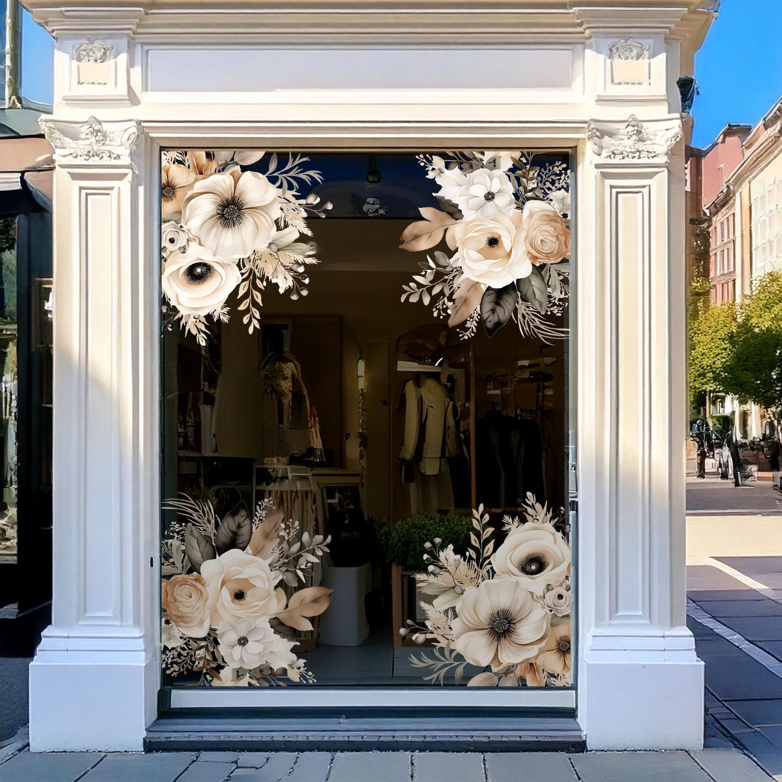 2x Neutral Boho Floral Shop Window Decal Corners - Botanical Flower ...