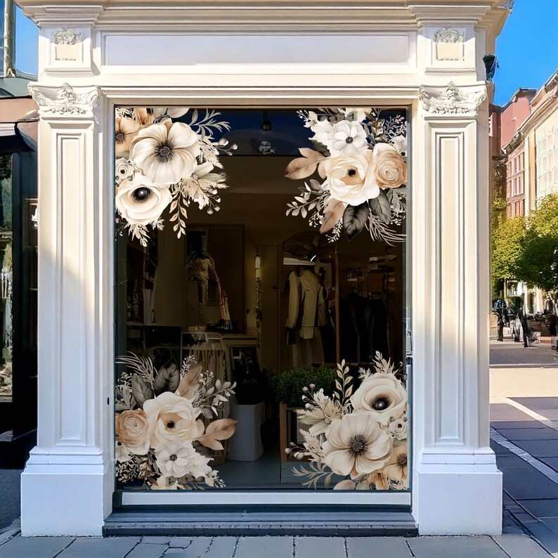 2x Neutral Boho Floral Shop Window Decal Corners - Botanical Flower ...