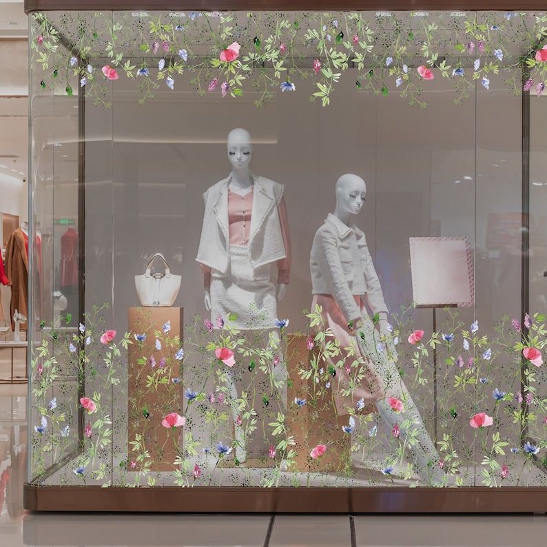 Watercolour Meadow Flower Shop Window Film Border Decal for Business or ...