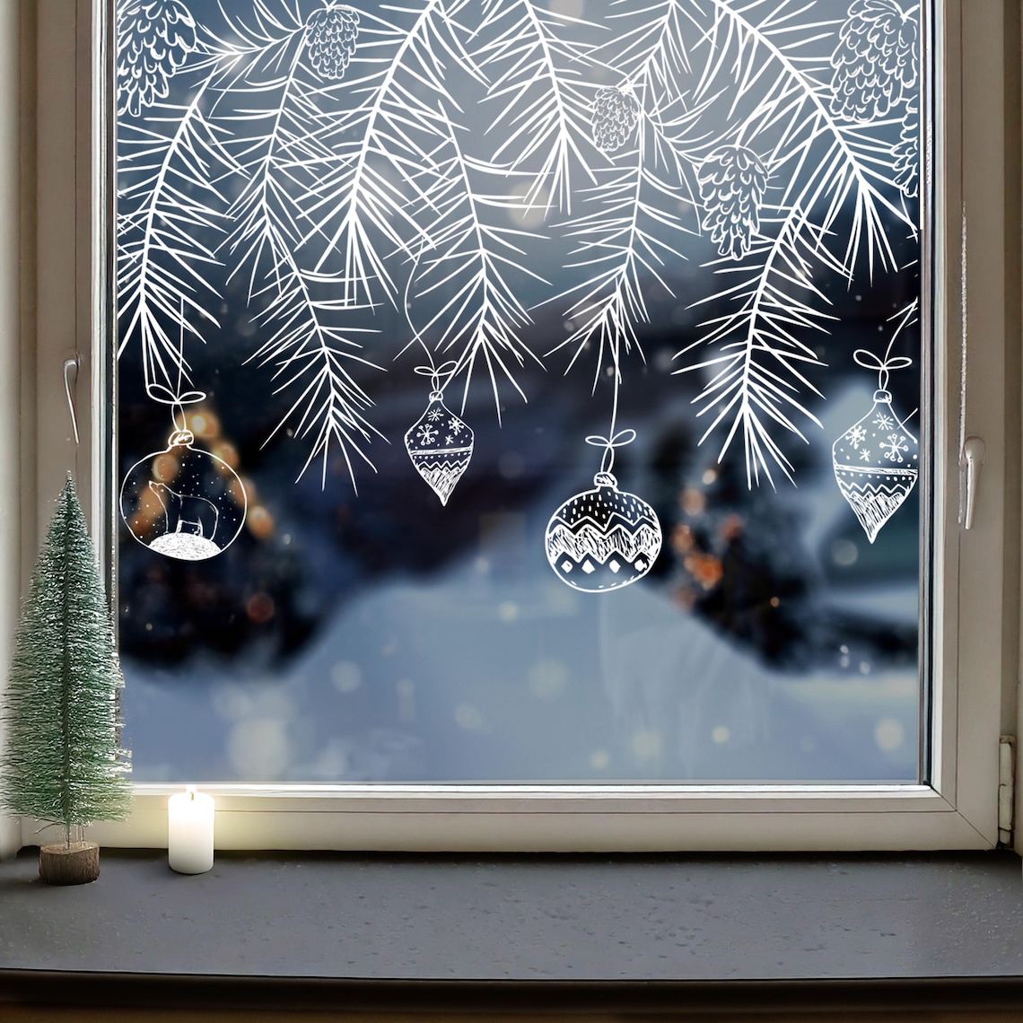 White Christmas Bauble Shop Window Decal Border - Reusable Double-sided ...