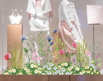 Watercolour Meadow Flower Shop Window Film Border Decal for Business or ...