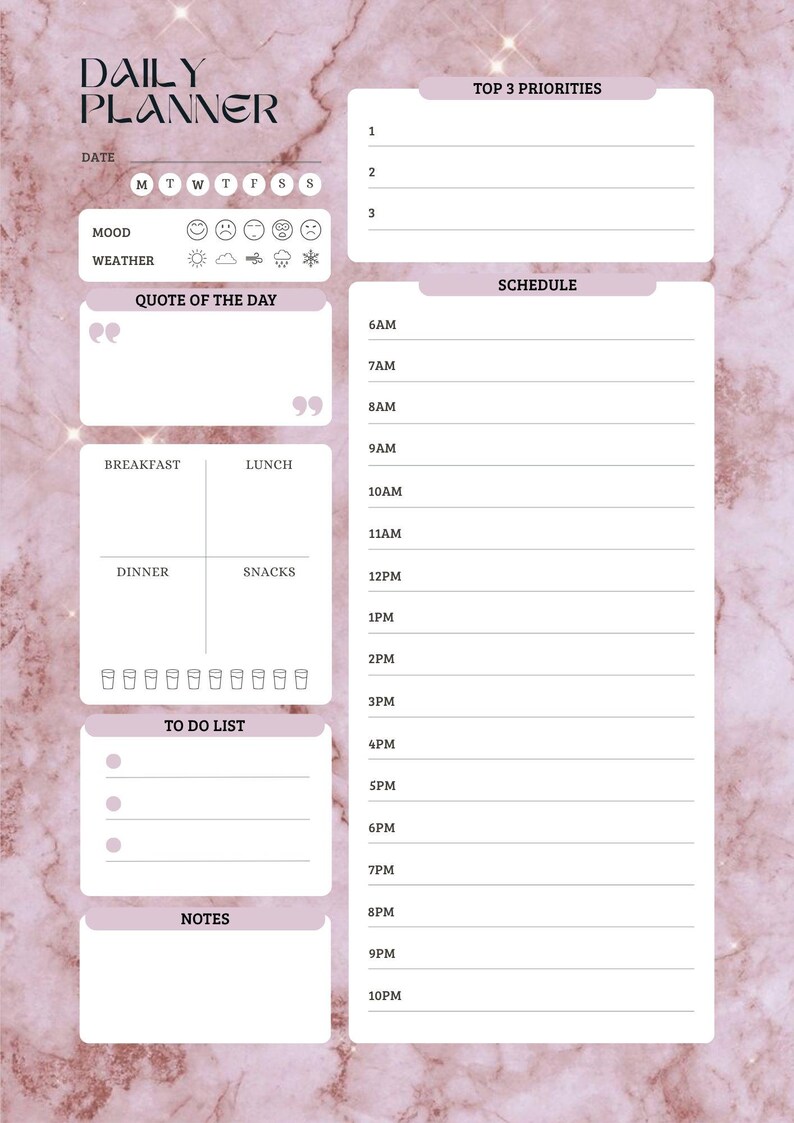 Aesthetic Daily Planner Printable | Pink Marble Schedule & To-do List ...