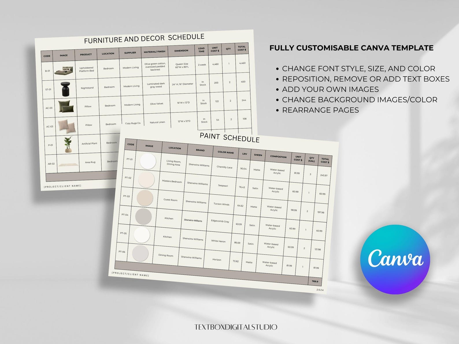 Interior Design FF&E Schedule Template: Client Presentation (canva) - Etsy