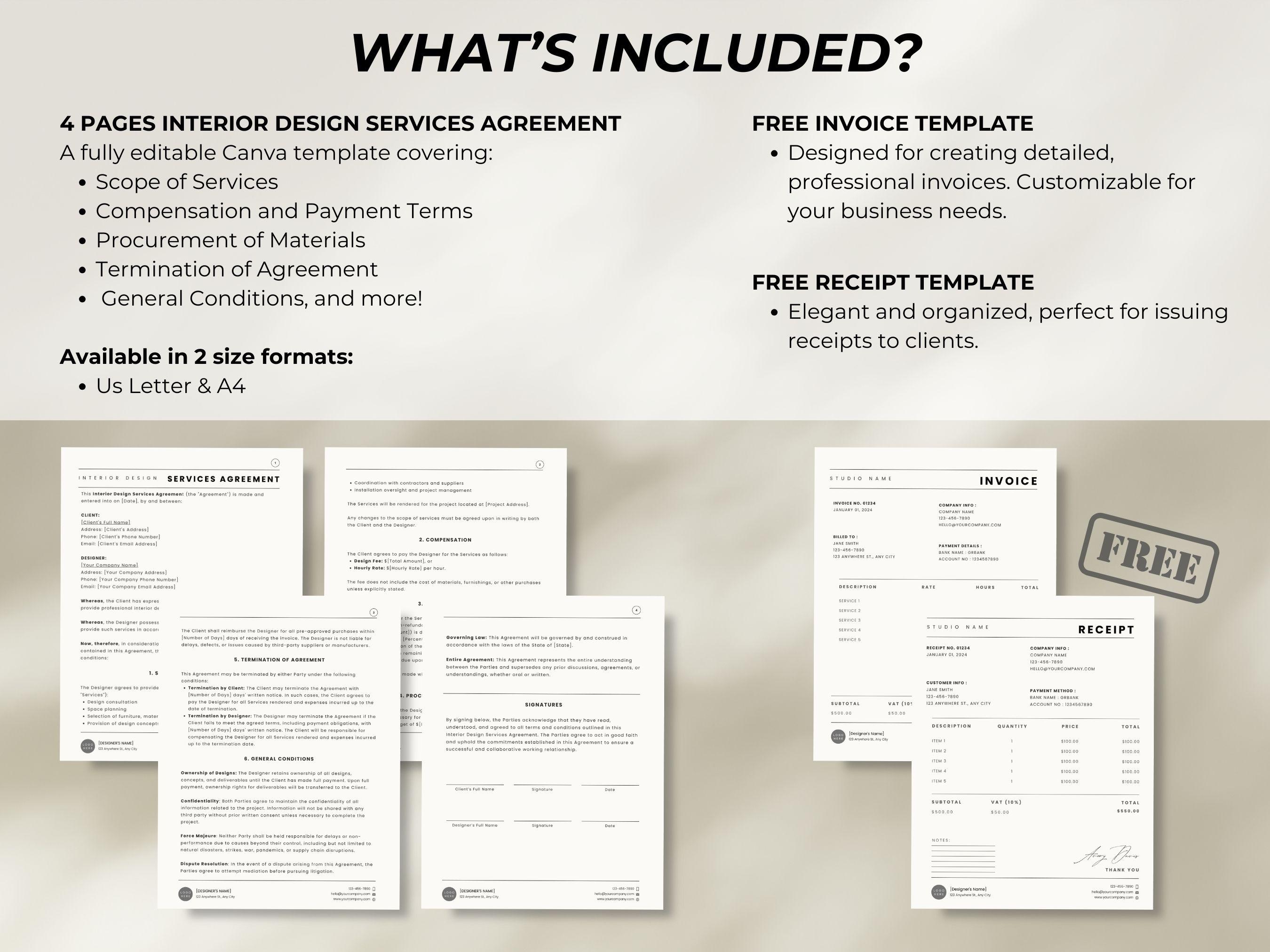 Interior Design Contract Template: Service Agreement and Invoice (fully Editable in Canva ...