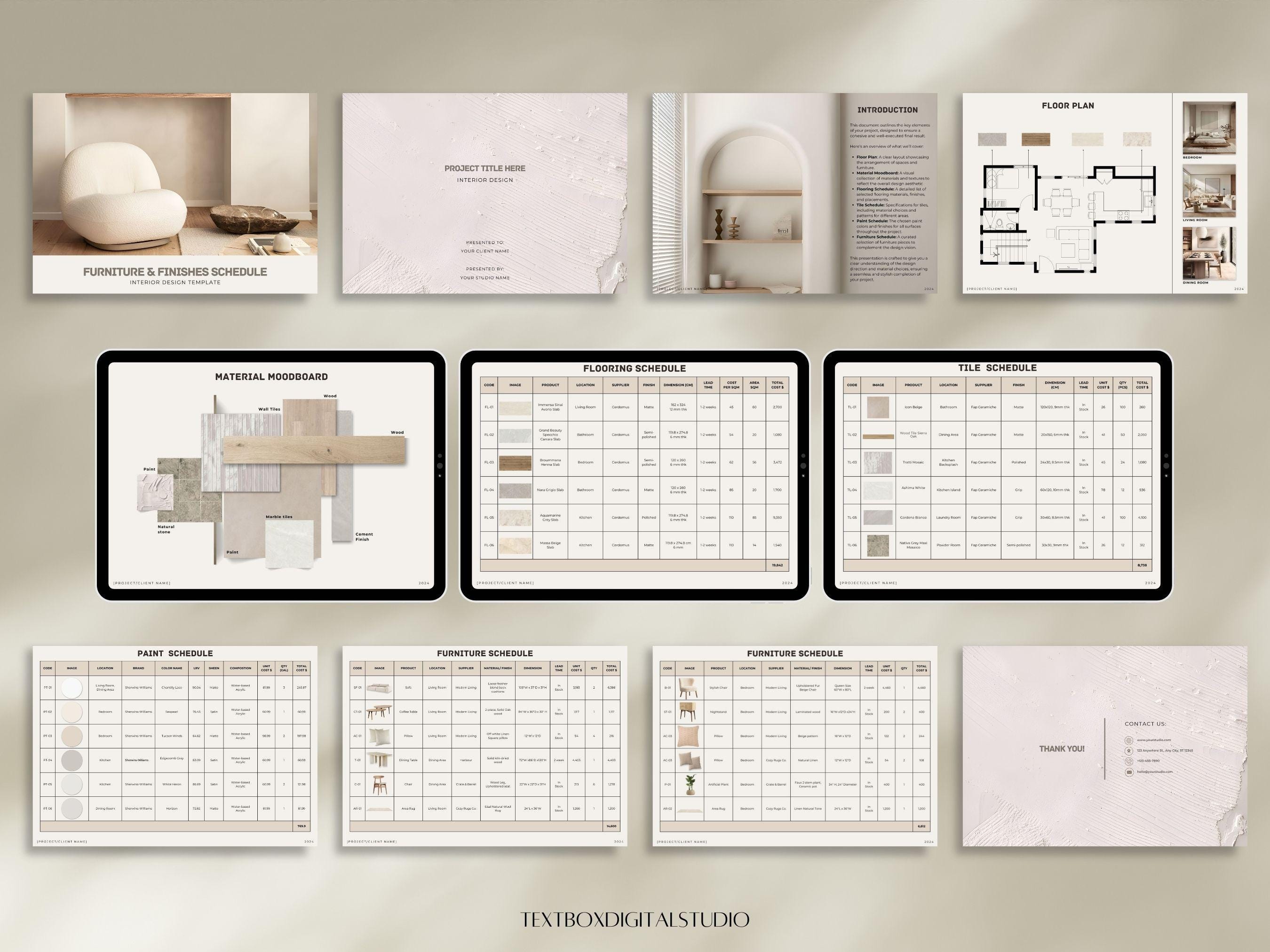 Interior Design FFE Schedule Template: Moodboard Client Presentation ...