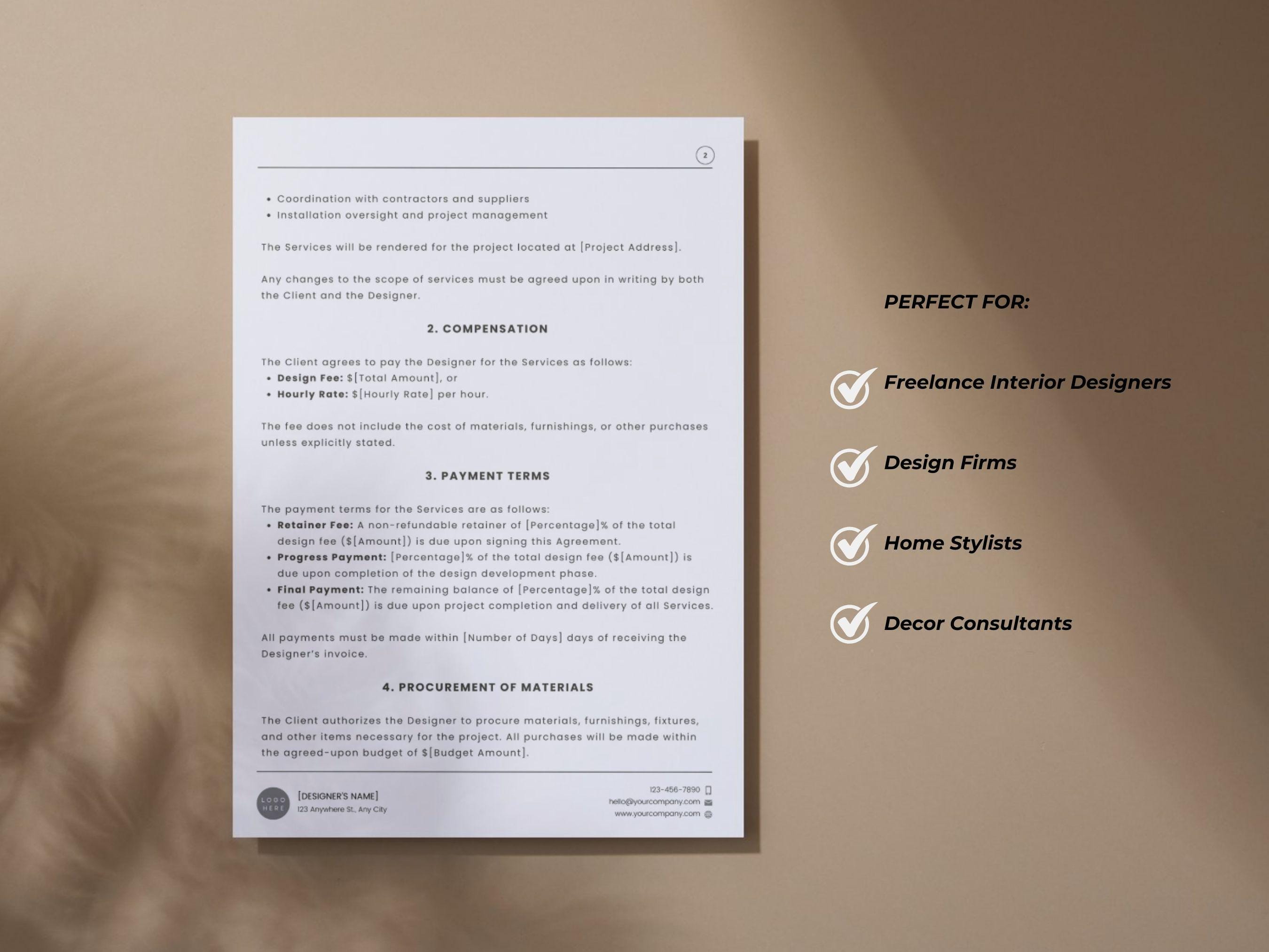 Interior Design Contract Template: Service Agreement and Invoice (fully ...