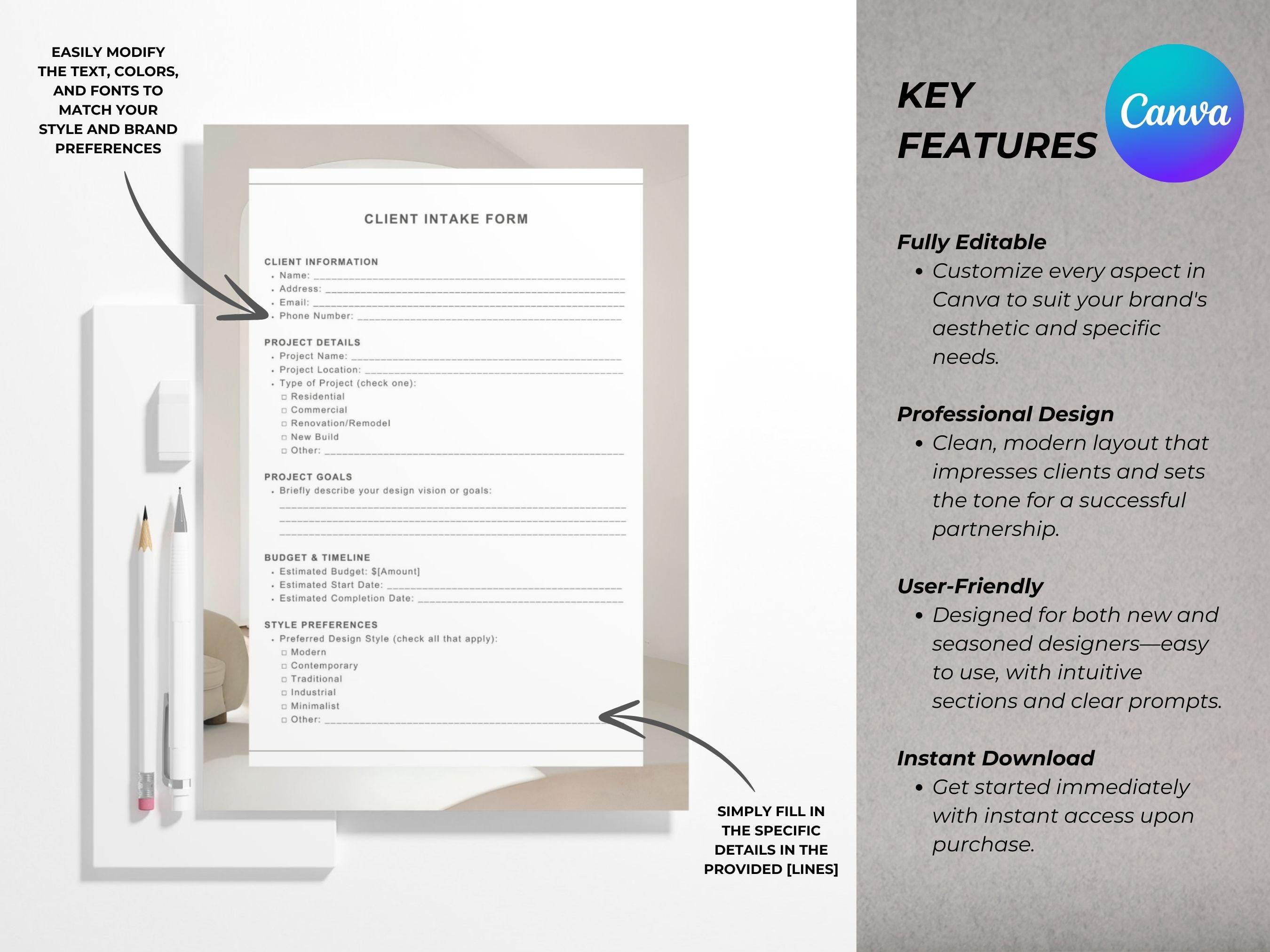 Interior Design Client Intake Form and Client Onboarding Questionnaire ...