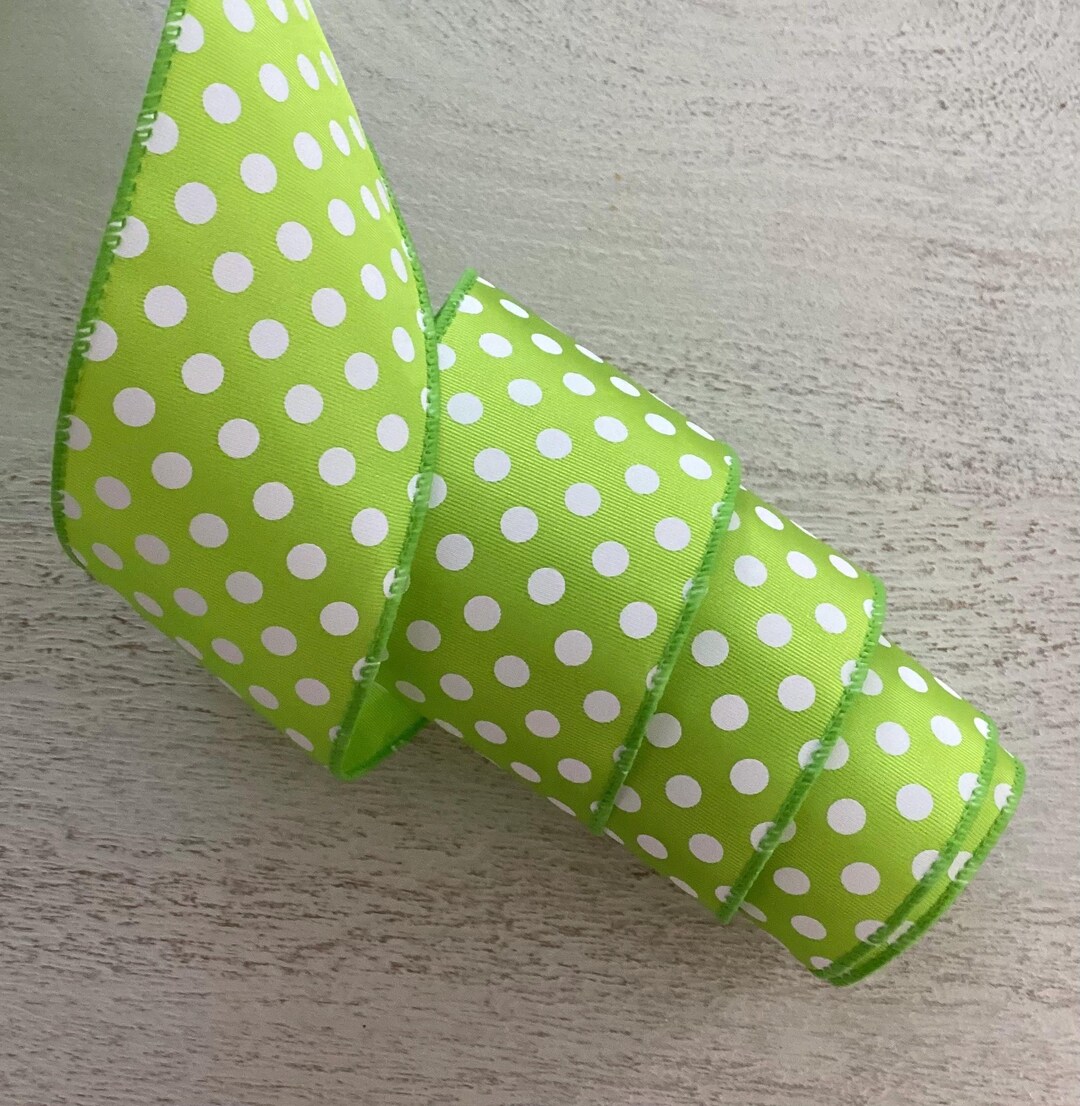 2.5" Lime and White Polka Dot Wired Ribbon, Summer Wired Ribbon, Wired ...