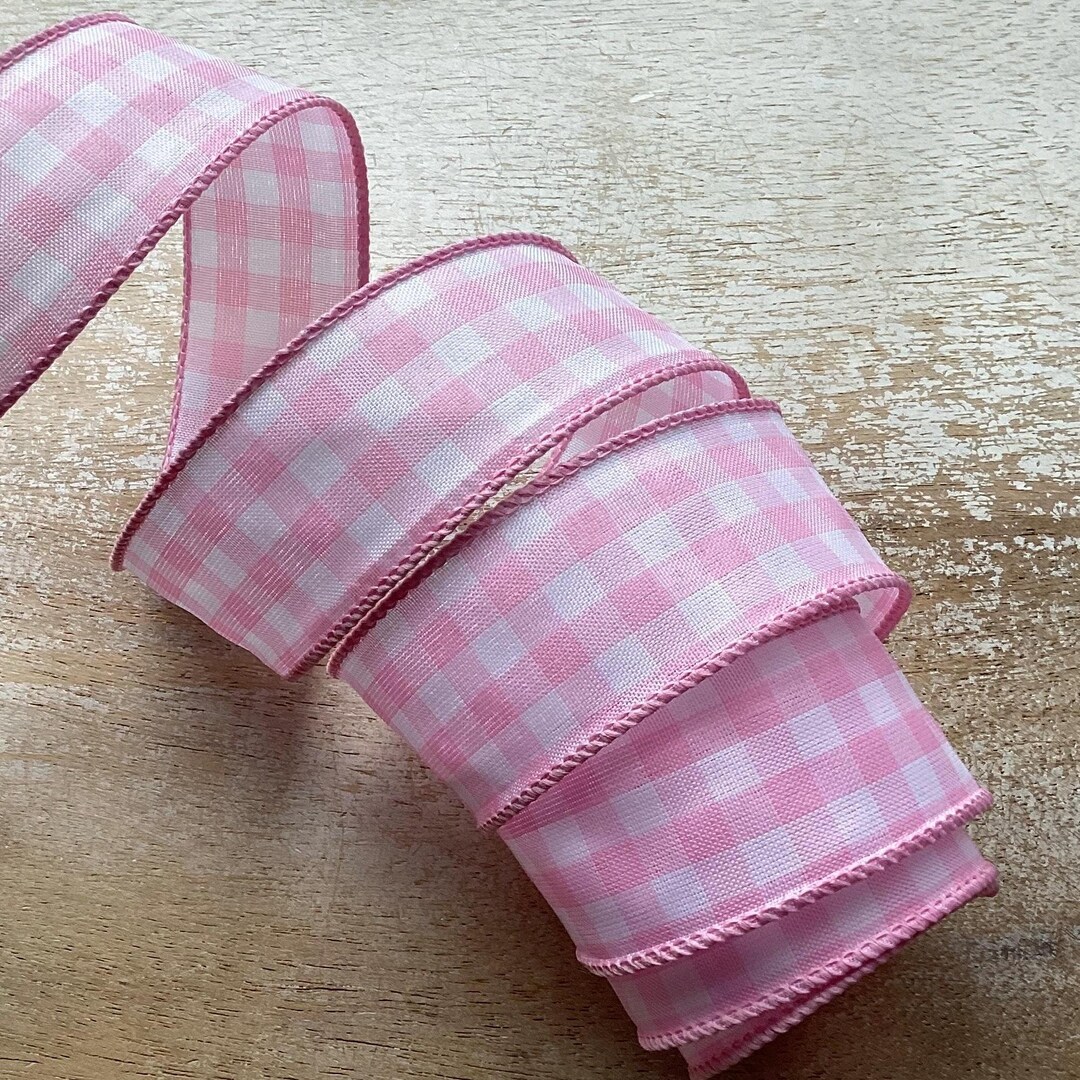 1.5" Pink and White Check Print Wired Ribbon, Spring Wired Ribbon ...