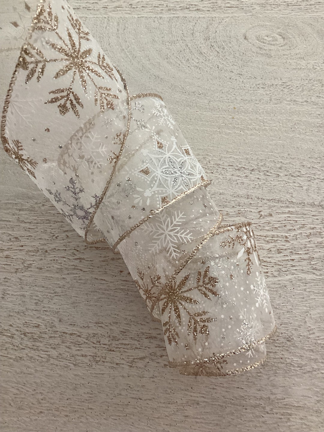 2.5" Christmas Sheer Snowflake Wired Ribbon, Christmas Snowflake Gold ...