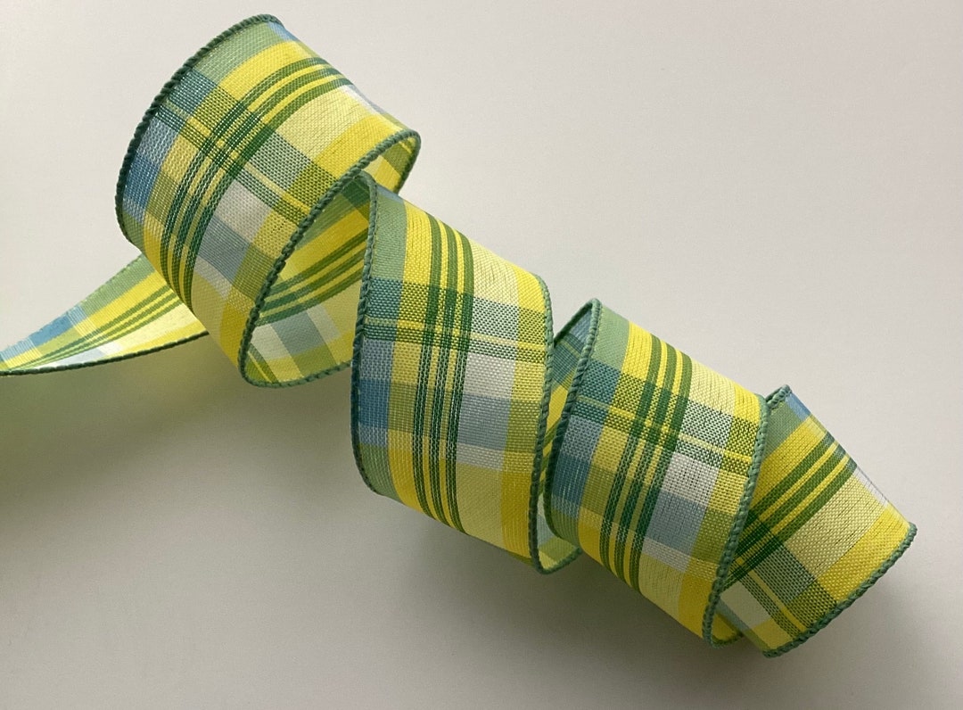 1.5" Yellow and Blue Plaid Wired Ribbon, Yellow Plaid Wired Ribbon ...