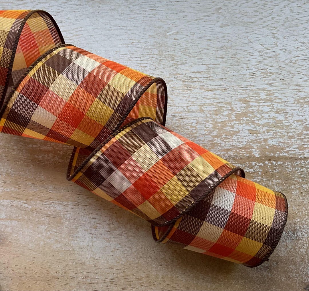2.5" Fall Plaid Wired Ribbon, Fall Wired Ribbon, Brown, Orange, Ivory ...