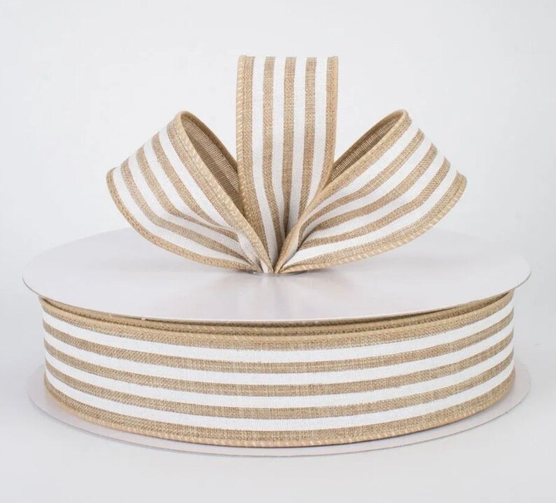 1.5 Tan and White Stripe Wired Ribbon, Everyday Wired Ribbon, Wired ...