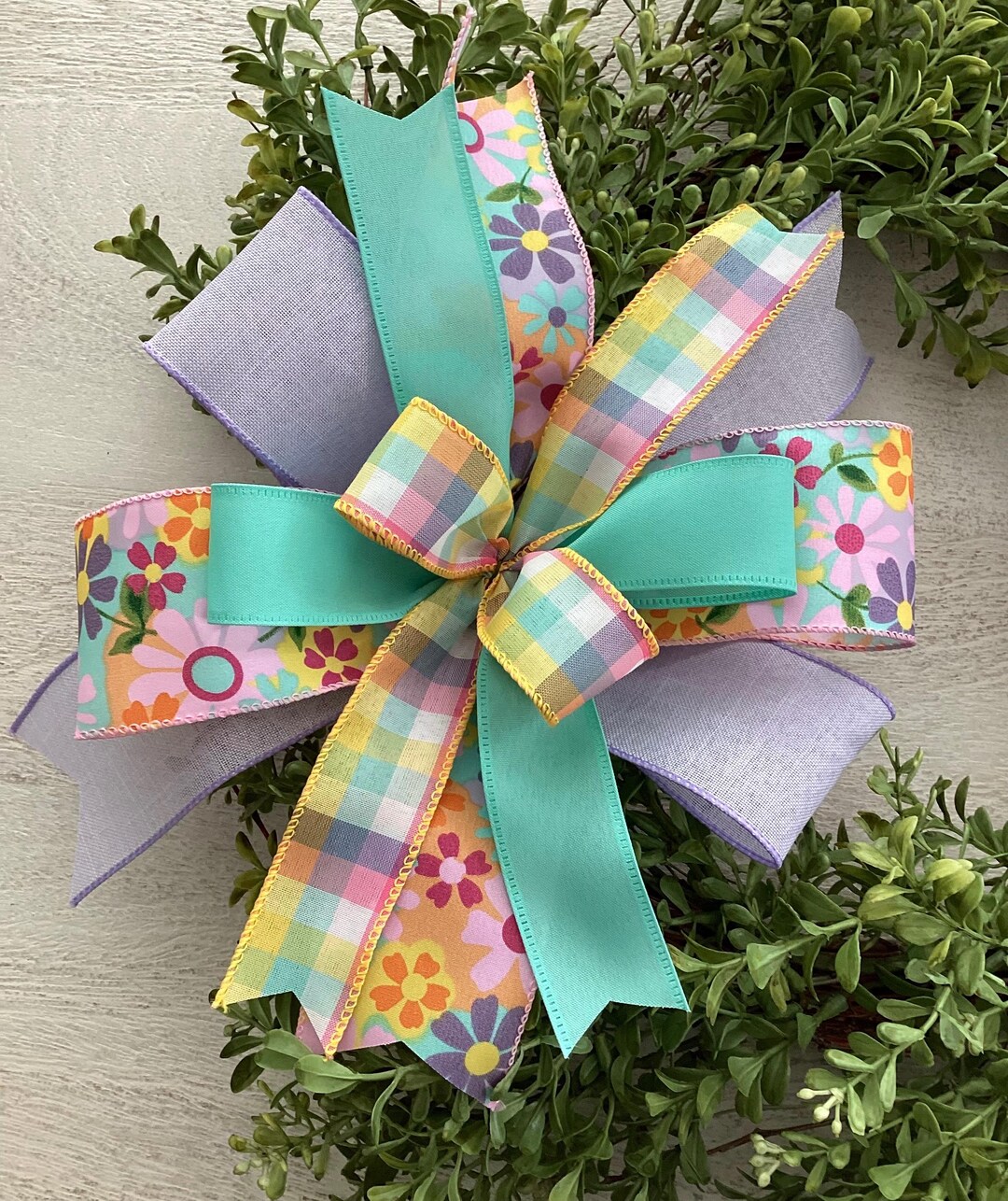 Purple and Aqua Spring Floral Wreath Bow, Summer Wreath Bow, Floral ...