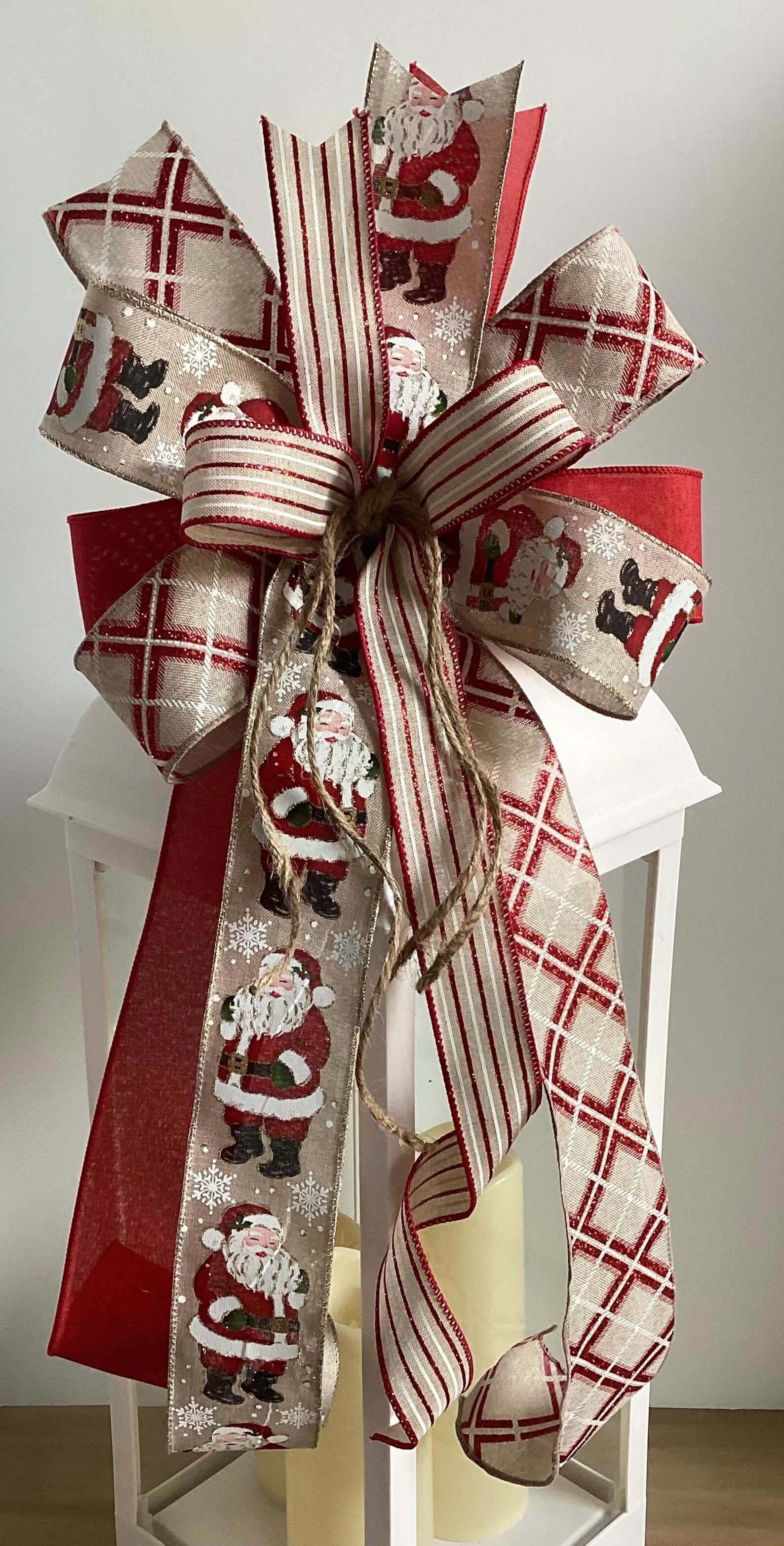 Christmas Wreath Bow, Santa Print Wreath Bow, Red Beige Lantern Bow ...