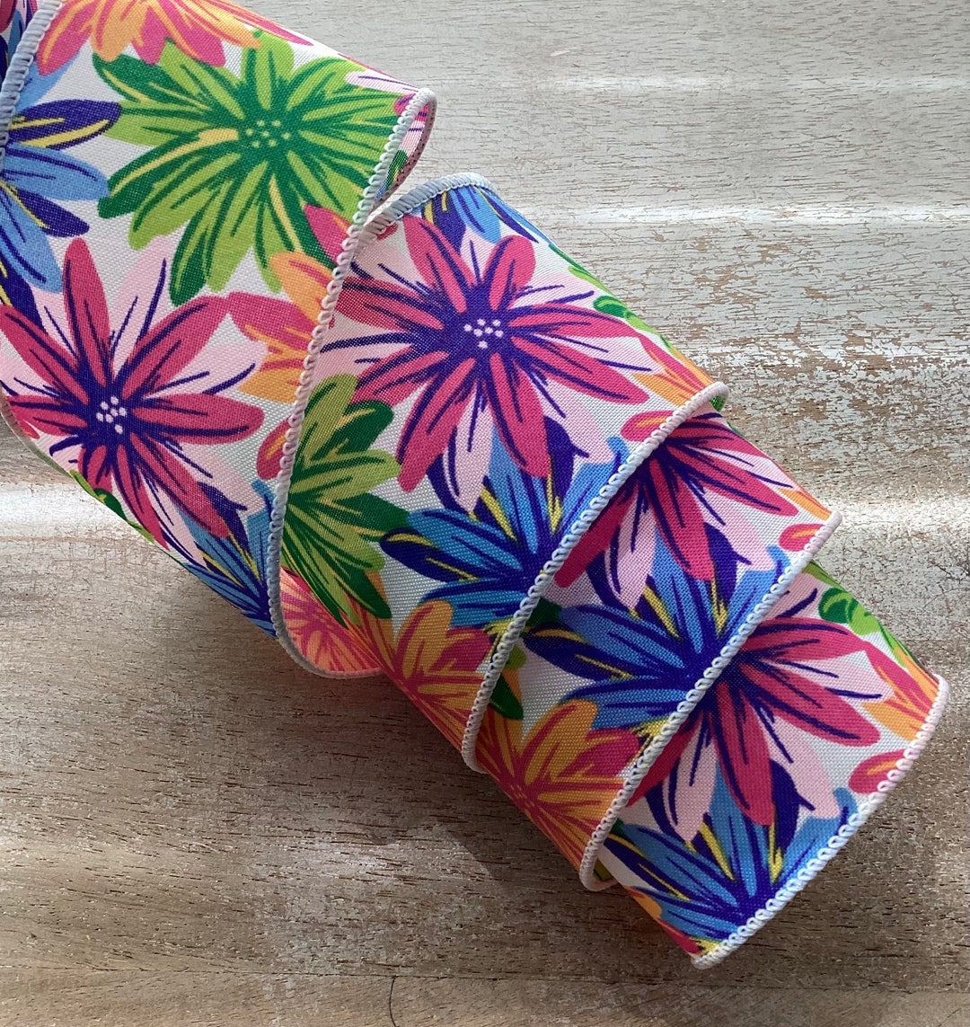 2.5" Tropical Floral Print Wired Ribbon, Floral Wired Ribbon, Wired ...