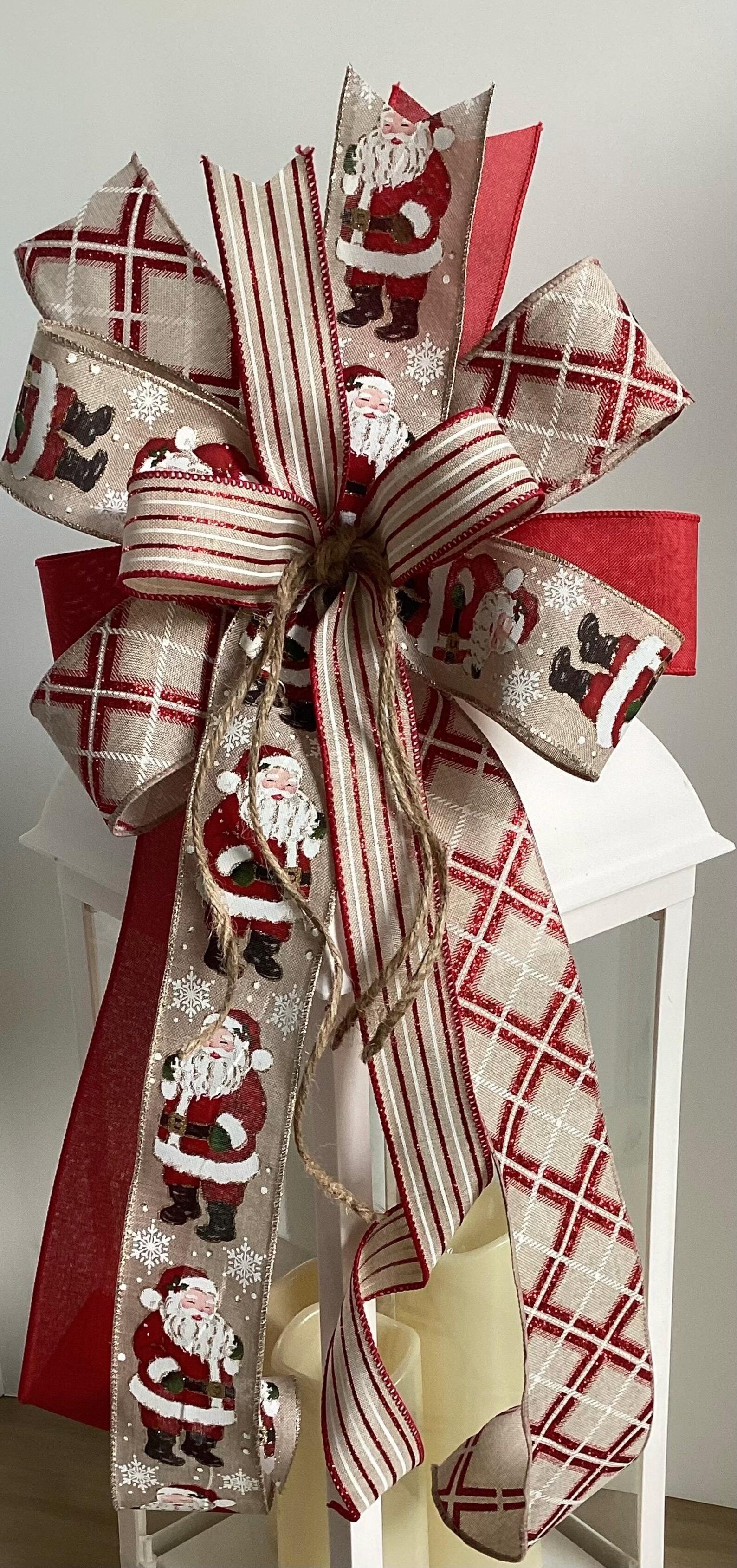 Christmas Wreath Bow, Santa Print Wreath Bow, Red Beige Lantern Bow ...