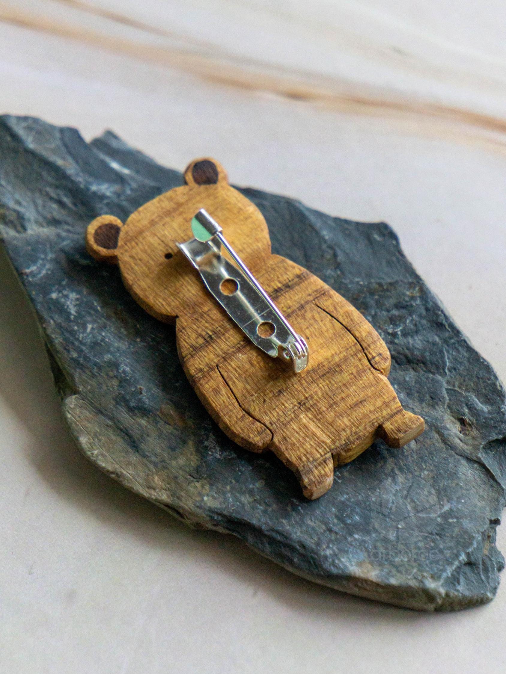 Little Bear Pin Badge Brooch - Handmade and Hand Carved Wooden Pins ...