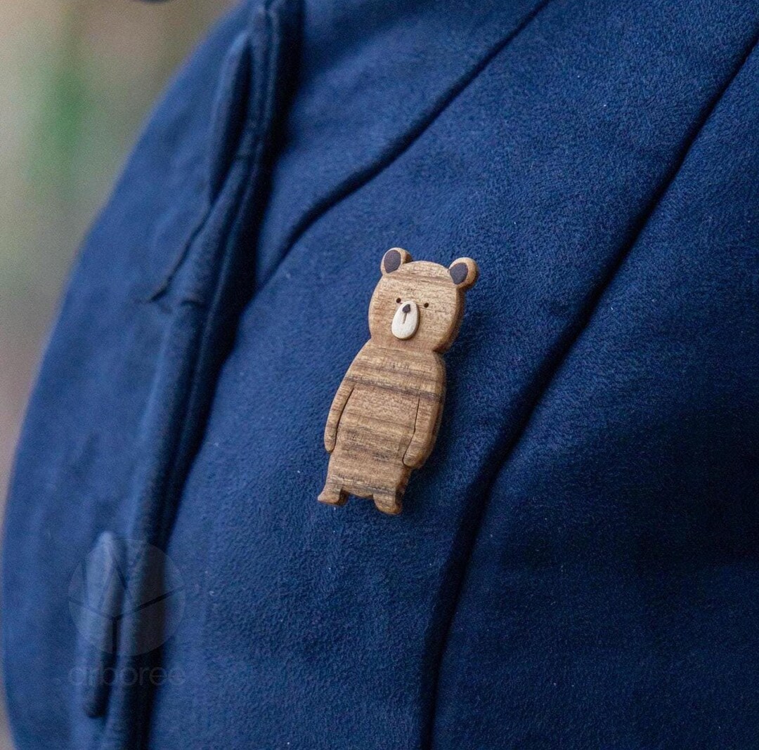 Little Bear Pin Badge Brooch - Handmade and Hand Carved Wooden Pins ...