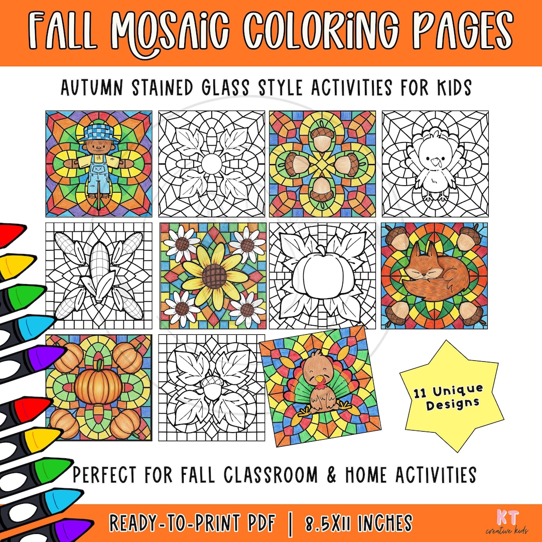 Fall Mosaic Coloring Pages | Autumn Stained Glass Style | Kids ...