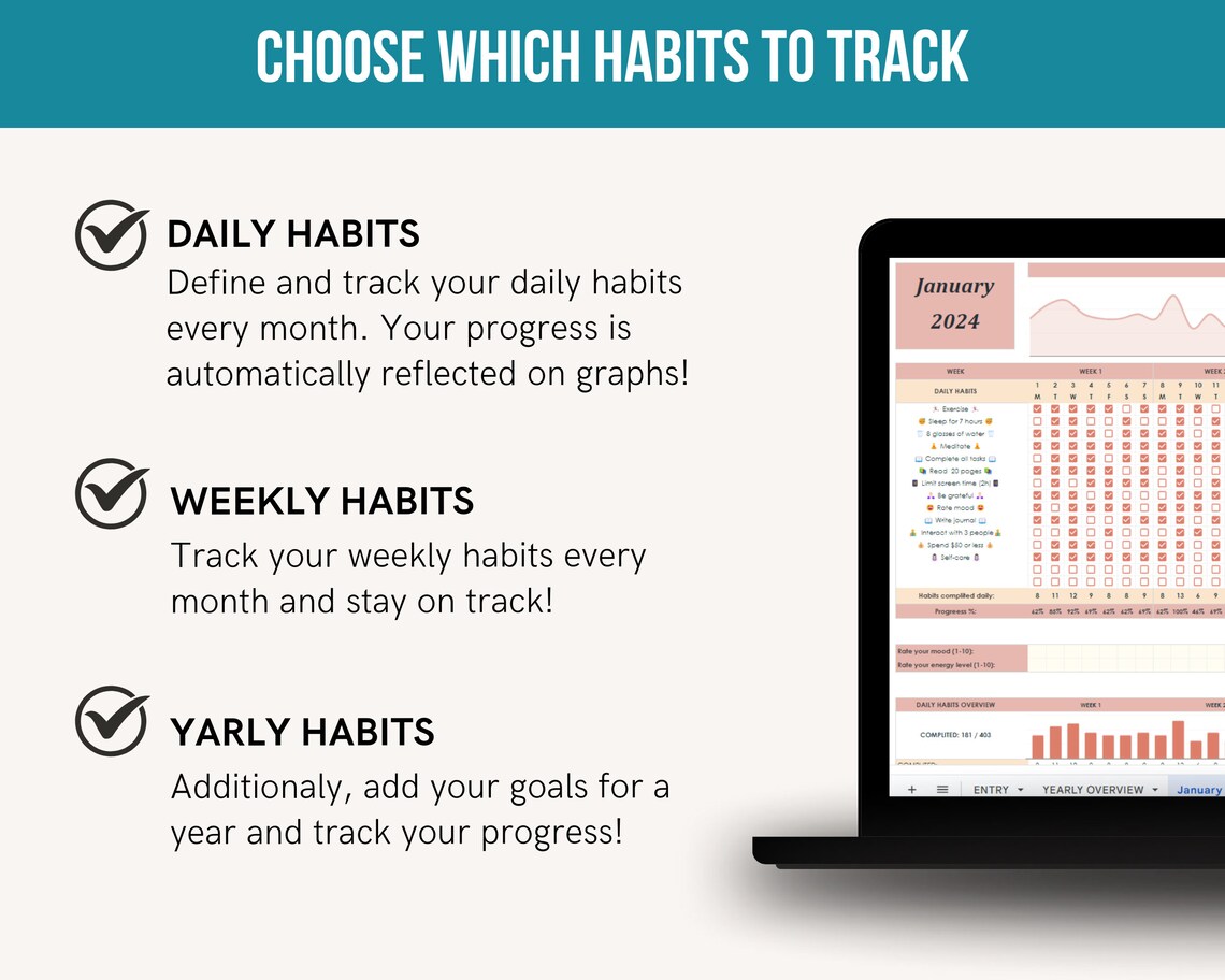 Habit Tracker Spreadsheet Template Google Sheets Excel Template Daily ...