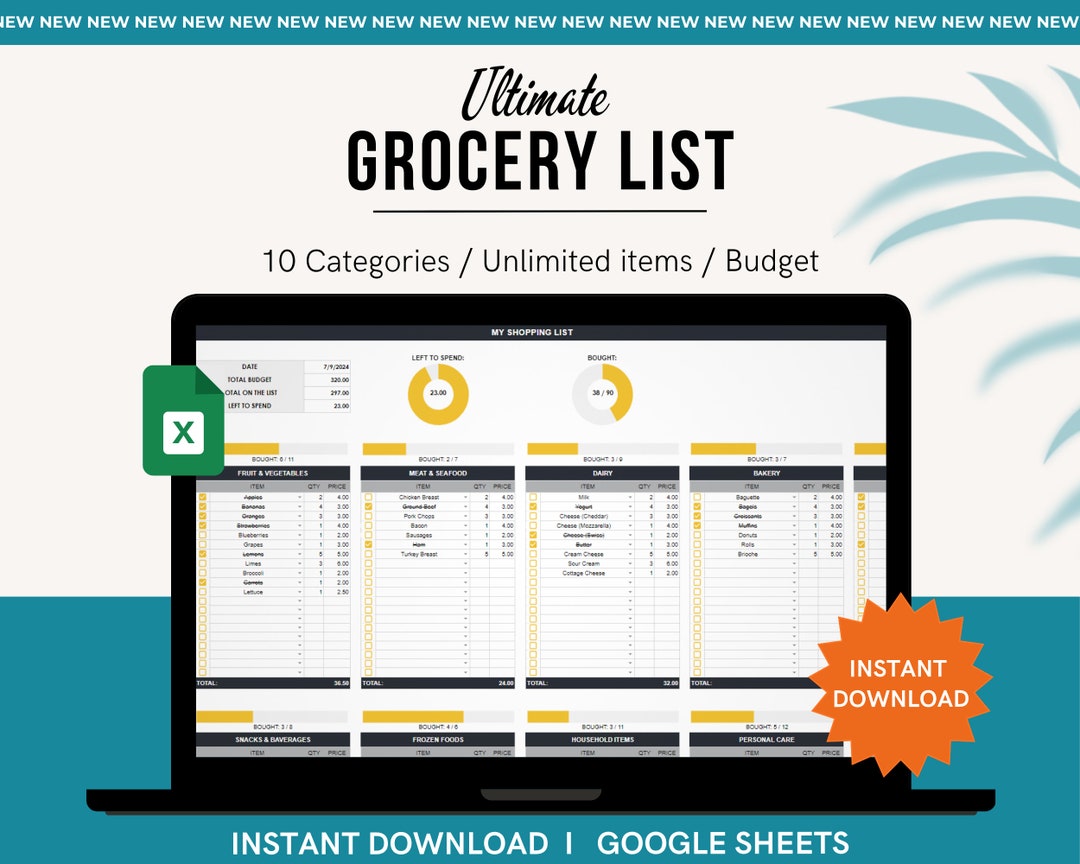 Editable Grocery List Google Sheet: Weekly Meal Planner (digital ...