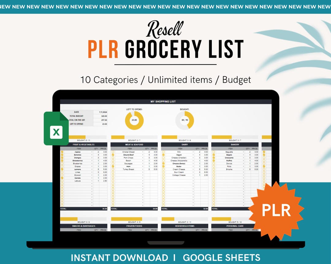 PLR Grocery List Google Sheet: Printable Weekly Planner (resell) - Etsy