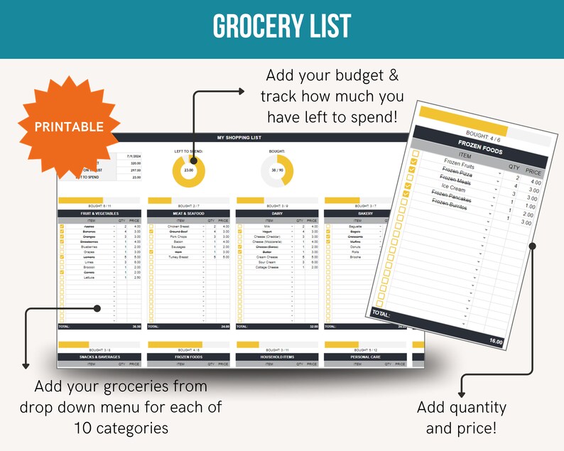 Editable Grocery List Google Sheet: Weekly Meal Planner (digital ...