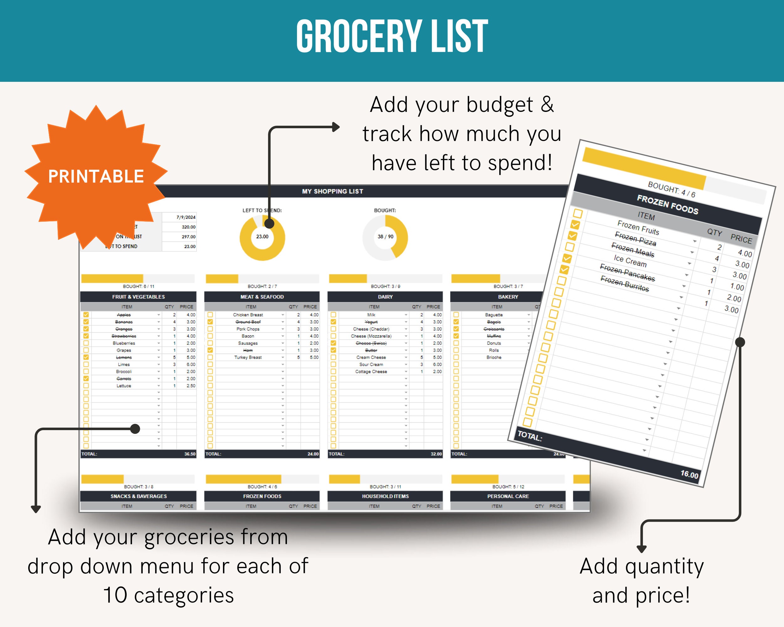 Editable Grocery List Google Sheet: Weekly Meal Planner (digital ...