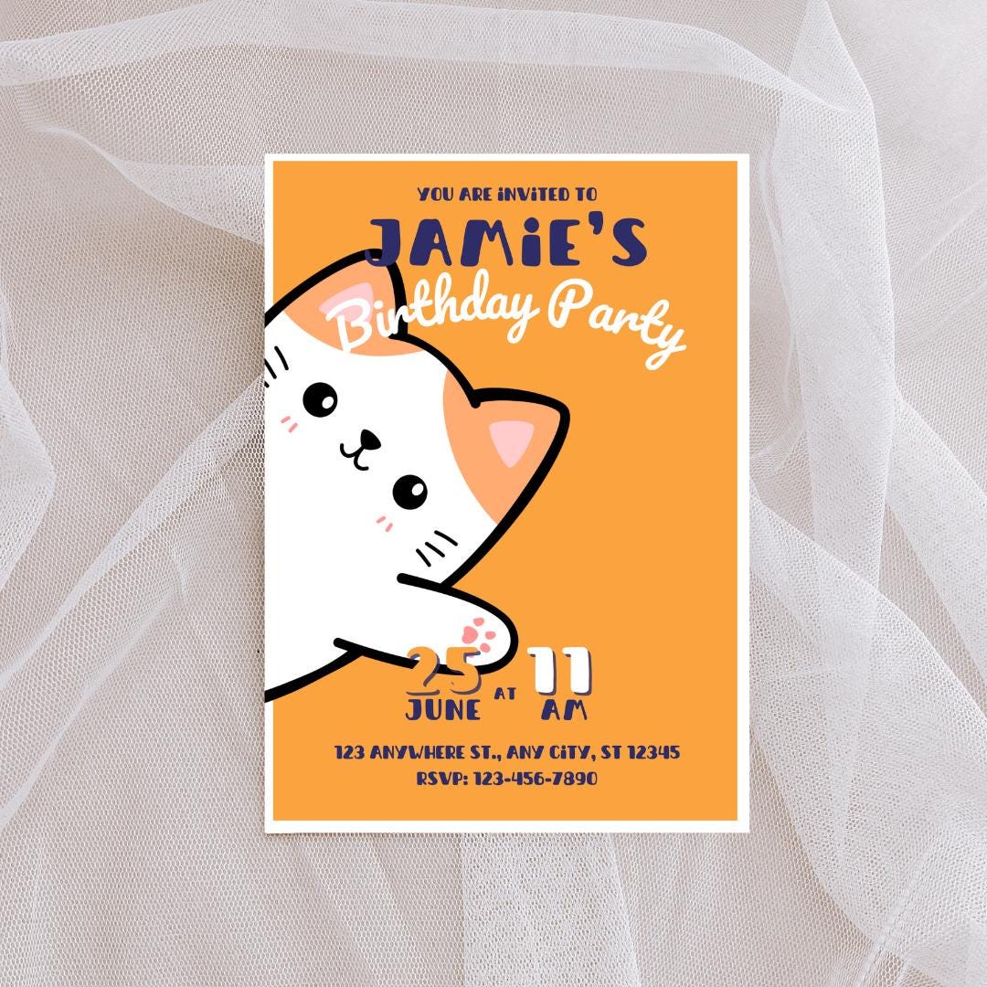 Editable Cat Birthday Invitation, First Cat Birthday Invite, Cat ...