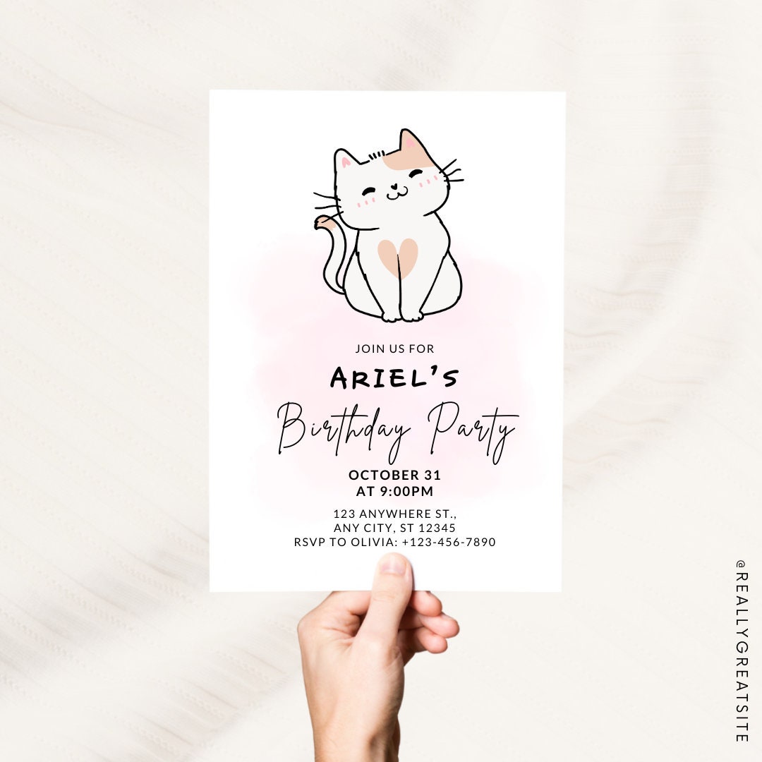 Cat Themed Birthday Invitation, Minimalist Cat Birthday Invite, Cat ...