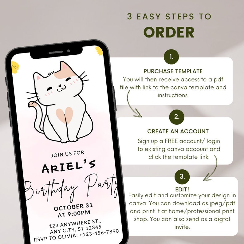 Cat Themed Celebration Invite, Minimalist Cat Birthday Invite, Cat ...