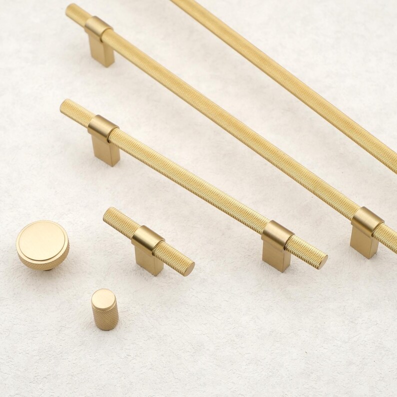 Modern Knurled Brass Cabinet Knobs and Pulls | Gold Cabinet Handles ...