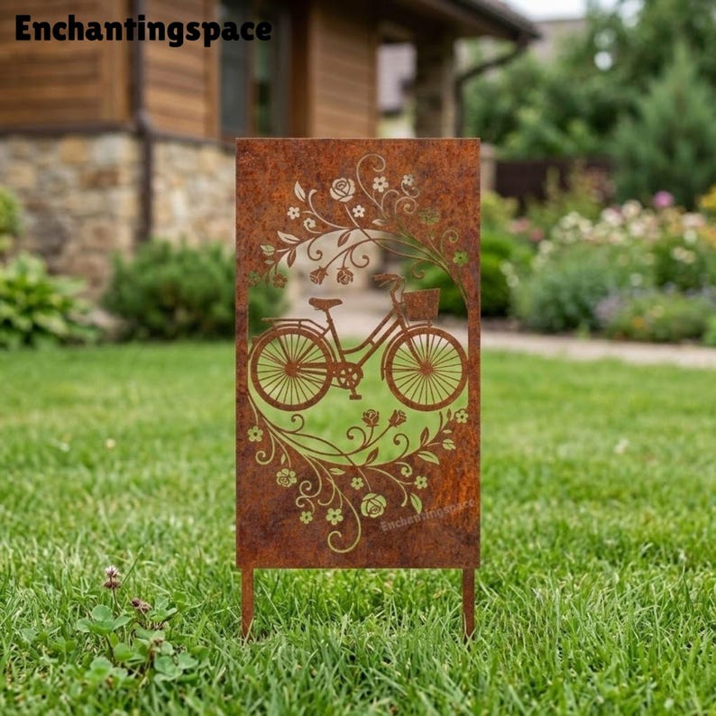 Bicycle Silhouette Metal Garden Panel, Rustic Steel Outdoor Yard Stake ...