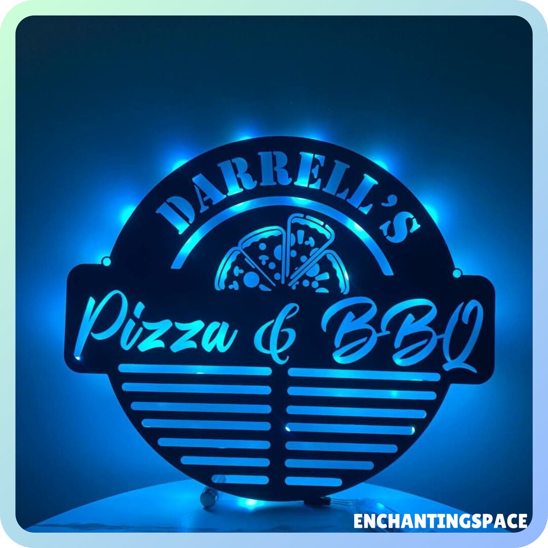 Customized Pizzeria & BBQ Metal Wall Art LED Light, Personalized Pizza ...