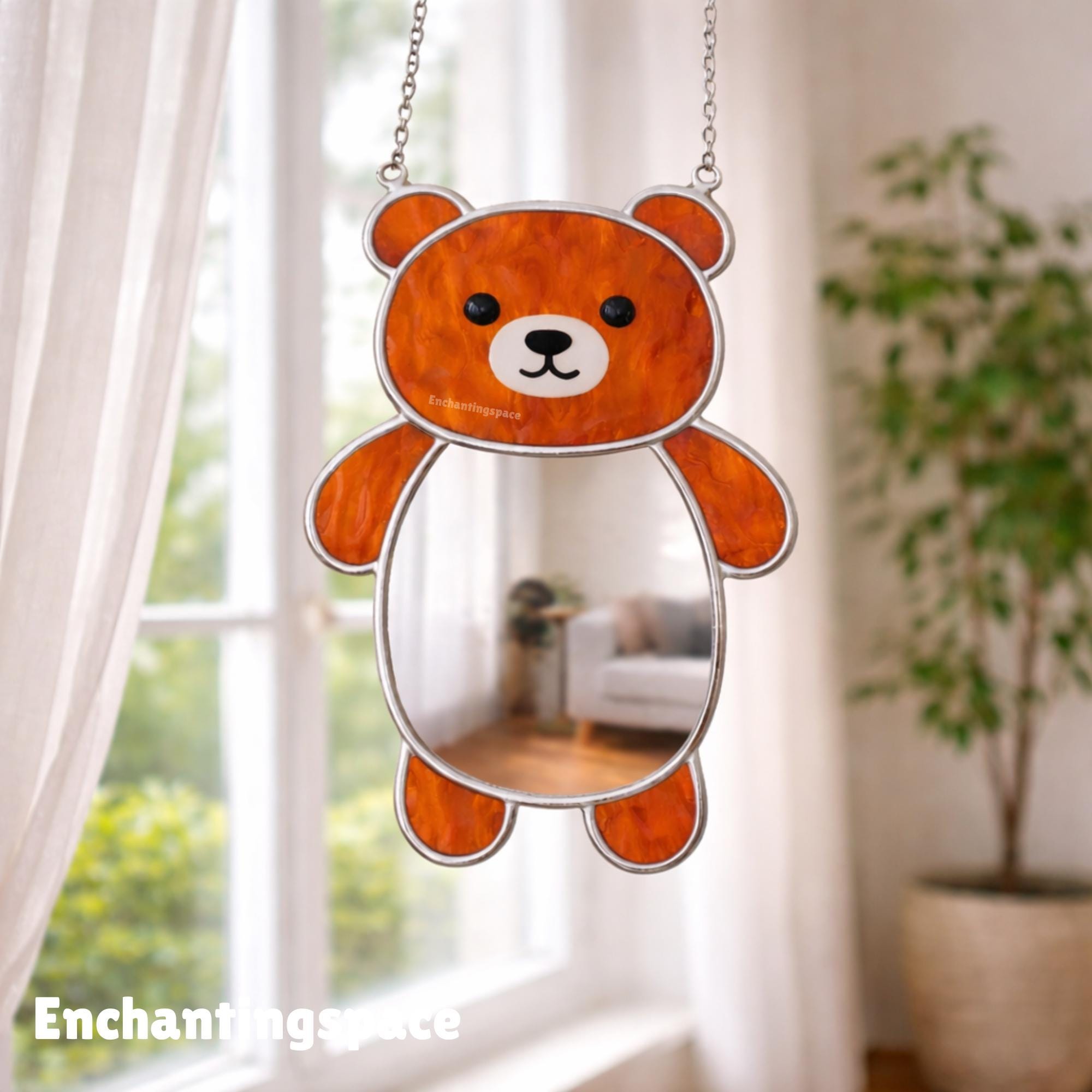 Brown Teddy Bear Stained Glass Hanging Mirror, Handcrafted Cute Wall ...