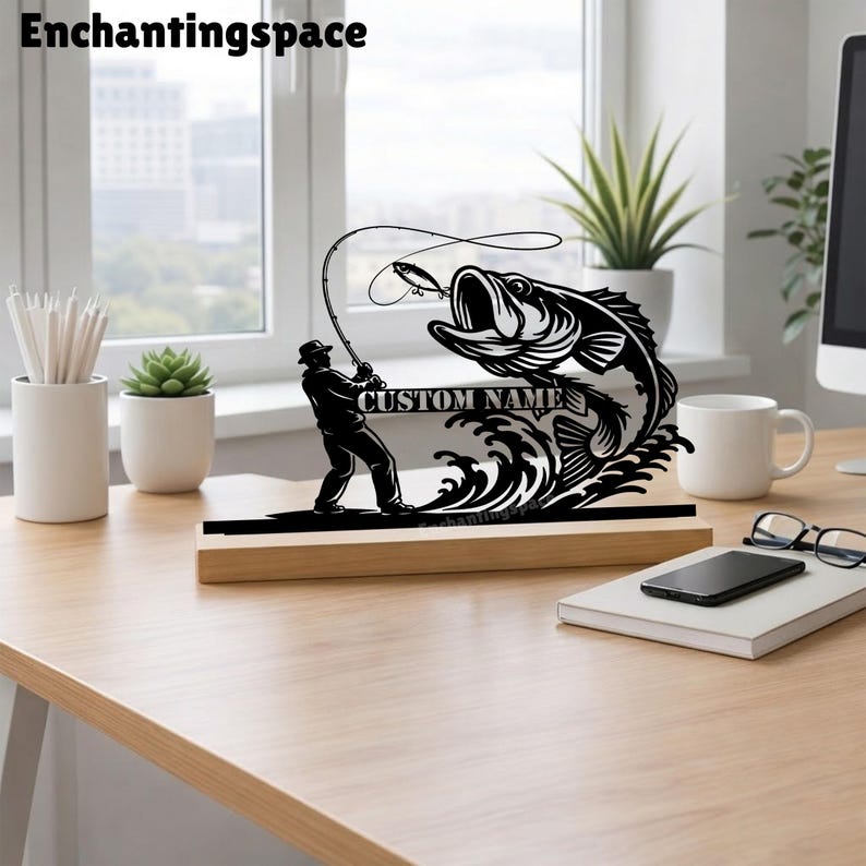 Customized Metal Fisherman Silhouette Table Decor, Steel Desk Name ...