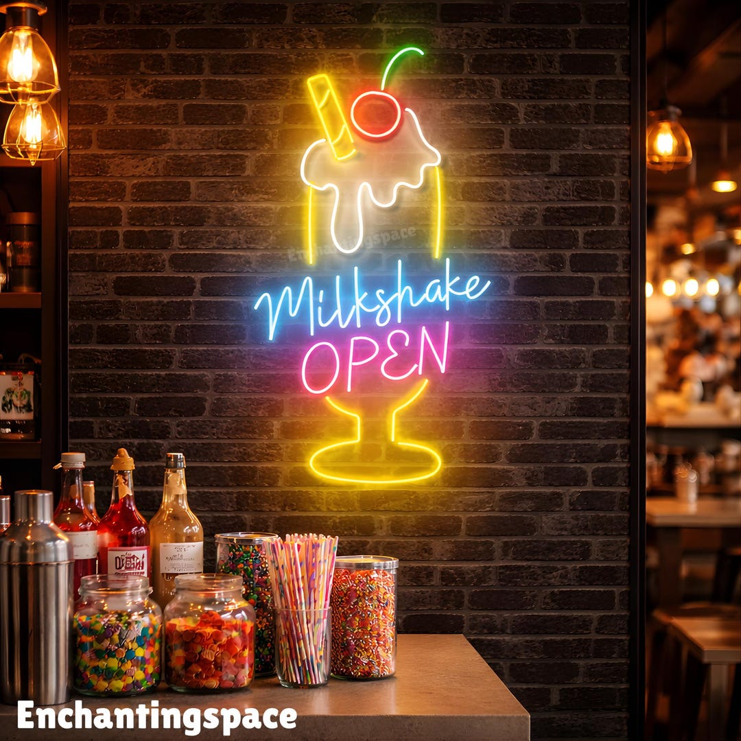 Milkshake LED Sign, Open Neon Light for Drink Counter or Dessert Bar ...